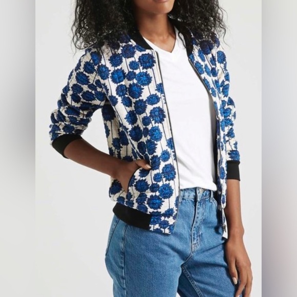 Topshop | Jackets & Coats | Topshop Blue Floral Bomber Jacket | Poshmark